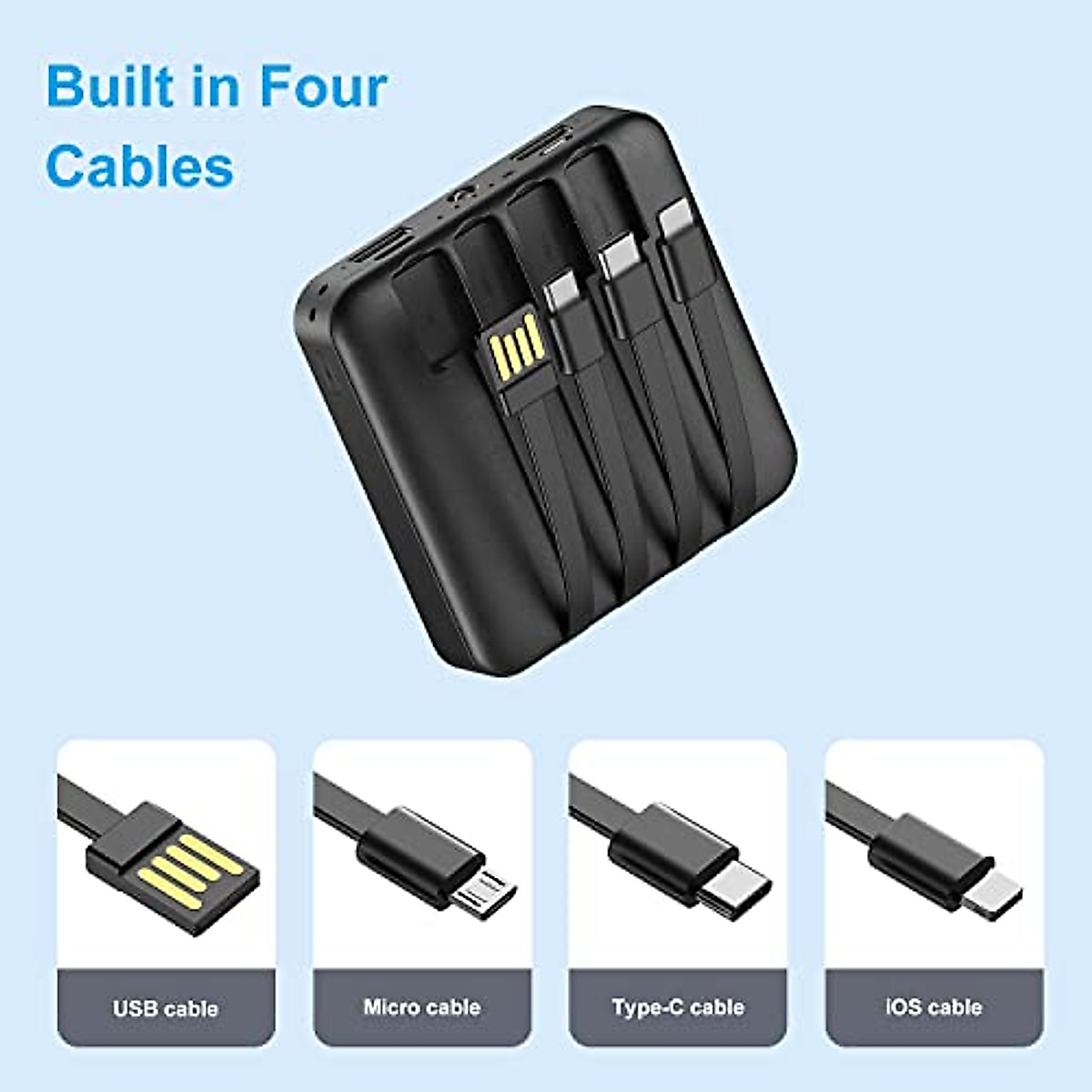 Solar Power Bank 12000mAh,Small Solar Charger Built in 4 Cables,USB C Input/Output,Dual Flashlight External Battery Portable Charger Power Bank for iPhone,Tablet,Samsung