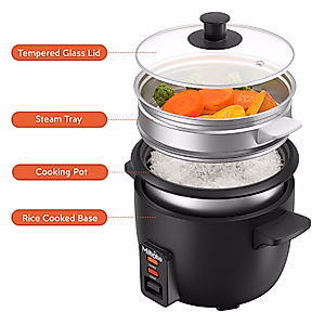 Rice Cooker, 2L Rice Cooker with Food Steamer, Rice Steamer with Non-Stick Inner Pot Makes Soups, Stews, Grains, Cereals, Keep Warm Feature (Black)