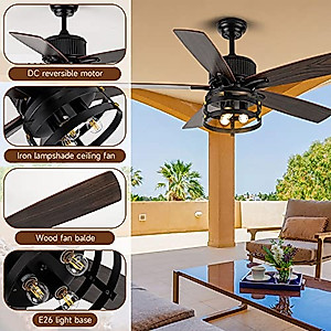 Farmhouse Rustic Ceiling Fans With Lights, Outdoor Ceiling Fan For Patios With Light, 52 In Industrial Ceiling Fan 5 Blade Large Airflow Dual Finish Wood Blades Ceiling Fan, Reversible Dc Quiet Motor