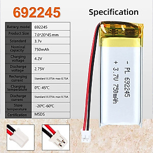 AKZYTUE 3.7V 750mAh 692245 Lipo battery Rechargeable Lithium Polymer ion Battery Pack with PH2.0mm JST Connector
