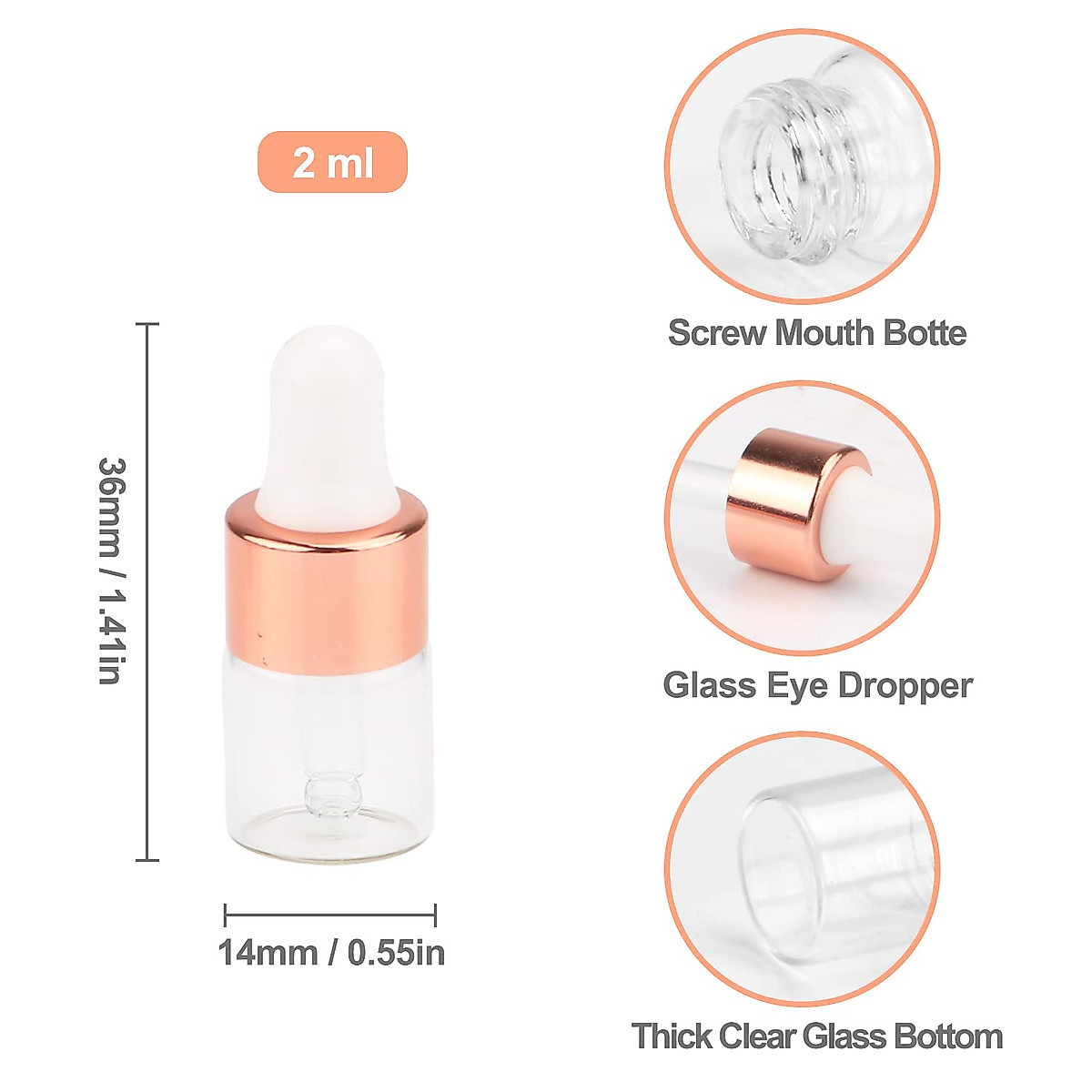 Clear Glass Dropper Bottles,50 Packs Essential Oils Bottles With Rose Gold Lids Perfume Sample Vials Travel DIY Cosmetic Liquid Containers 2 Pipettes Included (1ml(1/4 Dram))