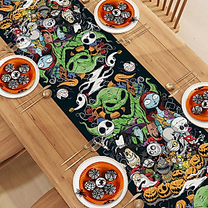 Linen Nightmare Before Christmas Halloween Table Runner Jack Skellington Jack and Sally Decorations and Supplies for Home Kitchen Dining Room Table