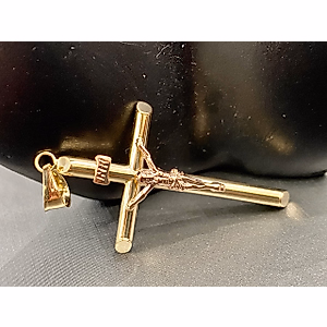 Solid 14K Yellow Rose Gold Crucifix Pendant - 38mm x 24mm Two Tone Jesus Cross Charm Religious Pendant - Suitable for Men & Women - Great Gift for Christmas & All Occasion