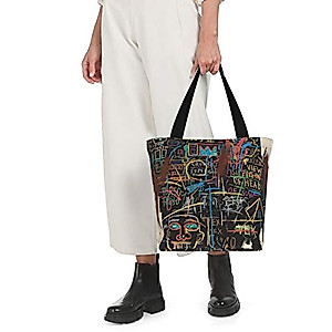antcreptson Jean-Michel Basquiat Extra Large Canvas Market Beach Travel Reusable Grocery Shopping Tote Bag Portable Storage Handbags