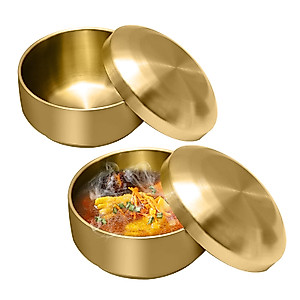 MDEOOSKY 2PCS 304 Stainless Steel Rice Bowls, Gold Metal Bowl with Lid, Double Layer Anti Scalding Bowl, Rice Bowls Soup Bowl Salad Bowl Noodle Bowl for Korean Kitchen Restaurant, 4.92 inch