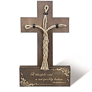Sign for Wedding Ceremony Wedding Wooden Sign a Threefold Cord Wooden Cross Cord of Three Strands Knot Rustic Rope Cross for Reception Braid Signs Wall Decor Gifts, 13.8 x 7.8 Inch