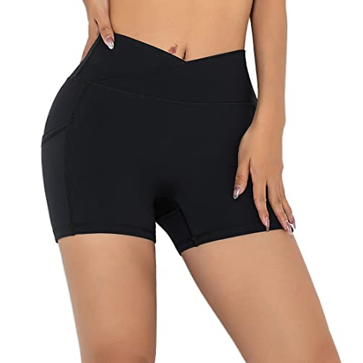 Darkterror Workout Shorts Women Spandex High Crossover Waist Gym Athletic Yoga Running with Pockets(Black-M)