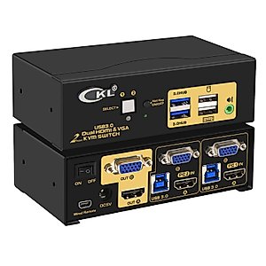 HDMI + VGA KVM Switch Dual Monitor Extended Display 2 Port with Audio and USB 3.0 HUB, CKL Dual View PC Monitor Keyboard Mouse Selector Box for Computers and Laptops
