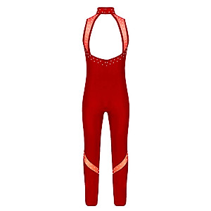 Aislor Girls Full Length One Piece Tank Dance Unitard Mock Neck Open Back Mesh Splice Bodysuit Leotard Jumpsuit Burgundy 8 Years