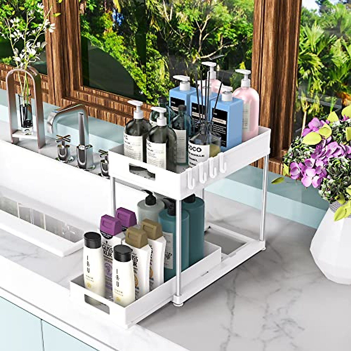 Under Sink Organizers and Storage, 2 Pack Pull-out Large Capacity Under Bathroom and Kitchen Cabinet Storage Drawer Organizer with Hooks, Multi-purpose Heavy Load Under Sink Shelf Organizer, White