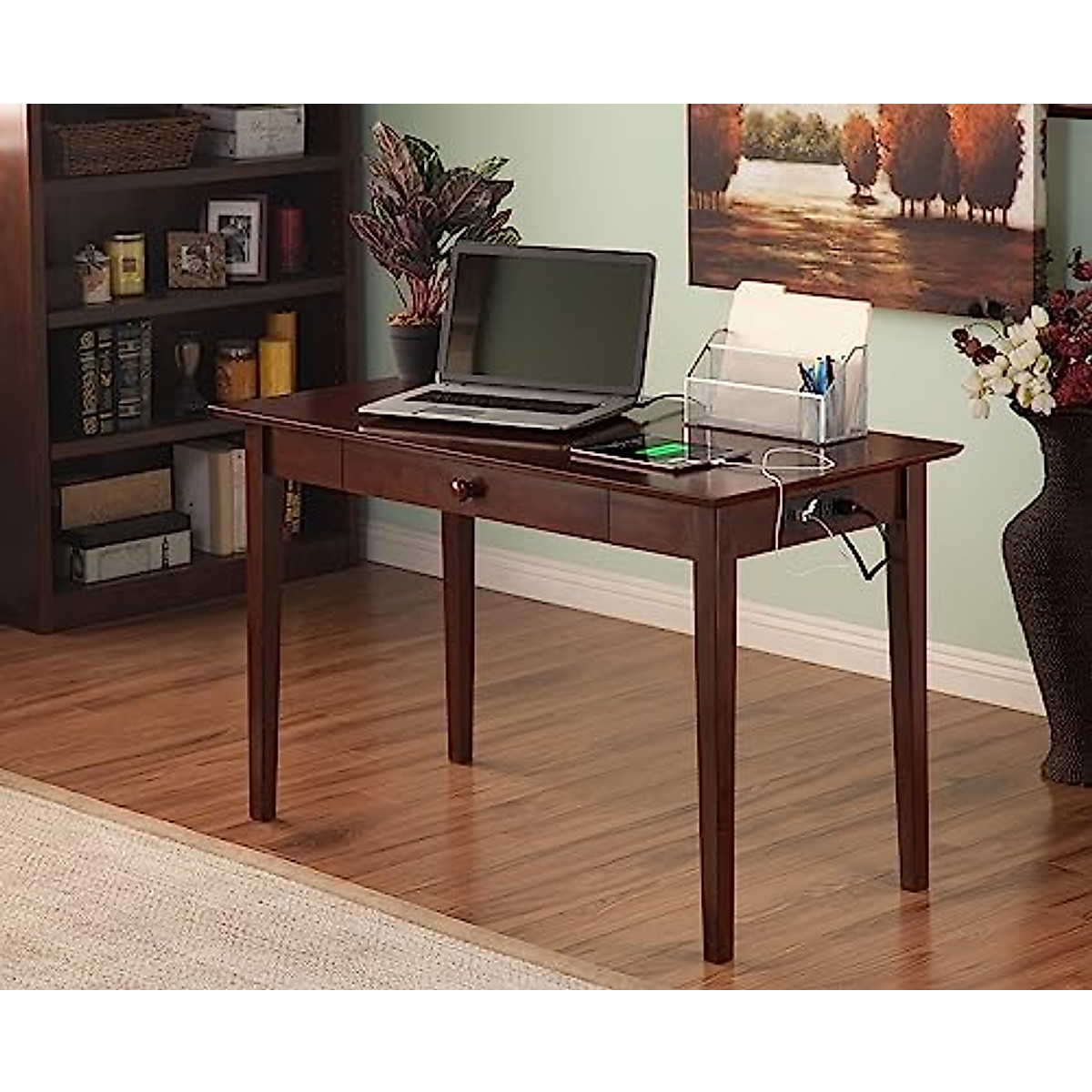 AFI, AH12114, Shaker Desk with Drawer and Charging Station, Walnut