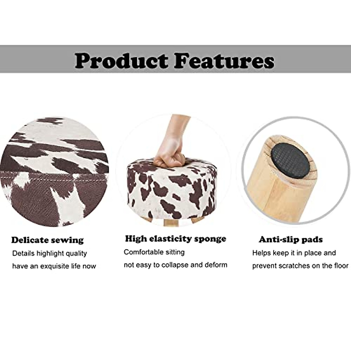 Homebeez Round Ottoman Stool Velvet Foot Rest, Small Footstool with Non-Skid Legs (Brown Cow)