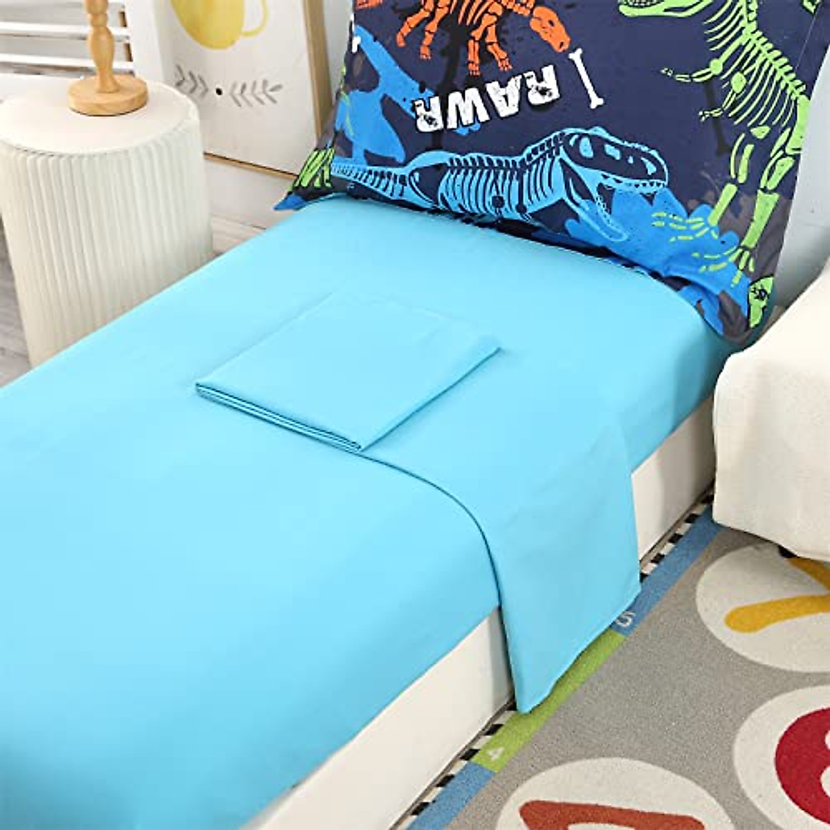 Wowelife Dinosaur Toddler Bedding Sets for Boys and Girls, Premium 4 Piece Dinosaur Skeleton Toddler Bed Set Blue, Super Soft and Comfortable for Toddler