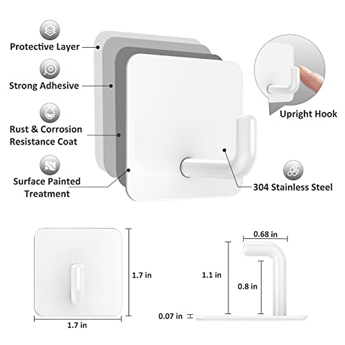 VIS'V Adhesive Hooks, White Self Adhesive Shower Wall Hooks Waterproof Stick on Hooks Stainless Steel Heavy Duty Kitchen Bathroom Sticky Hooks for Towel Loofah Key Cup Hat Coat - 4 Pcs