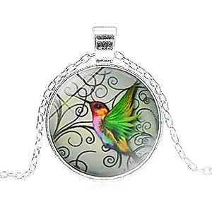 Round Locket Necklaces for Women Pressed Flower Hummingbird Transparent Glass Pendant Necklace Locket Scroll Design Charm Shaped Novelty Fine Jewelry Gifts for Her Useful Processed, as shown