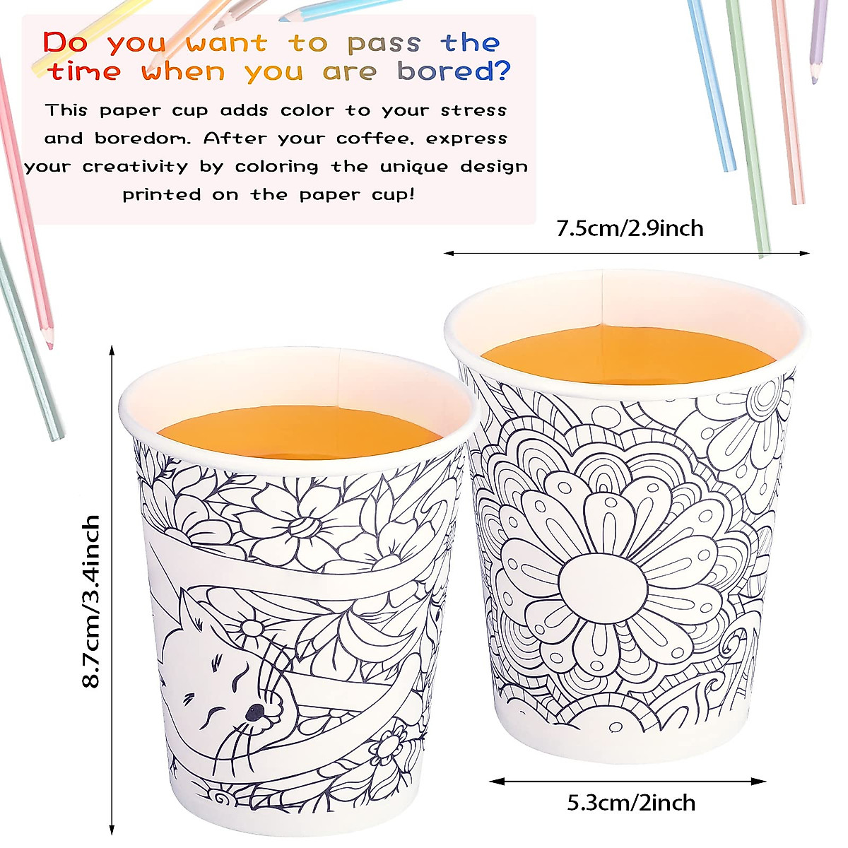 100 Pieces 9 oz Color Your Own Cups Kids Party Paintable Paper Cups Disposable Colorable Designs Activities Crafts DIY Party Supplies Floral Coffee Cup Tea Beverage Drinking Office Home Event