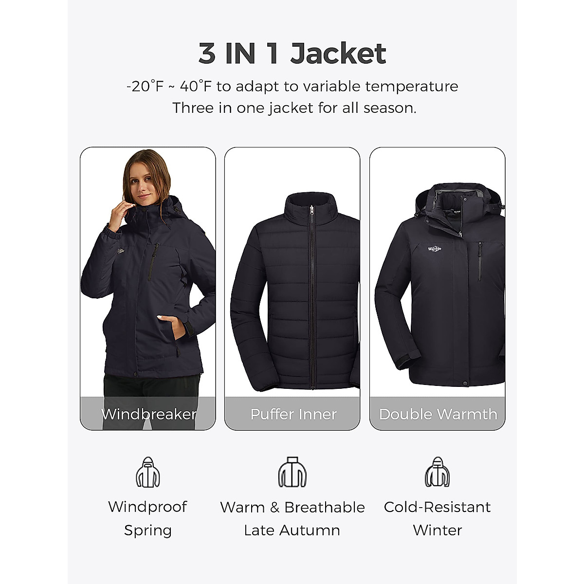 wantdo Women's Warm Winter Snow Coat 3-in-1 Interchange Ski Jacket with Hood Black XL