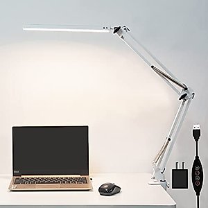YUHU LED Desk Lamp, Metal Swing Arm Desk Lamp, with Fixture, Desk Lamp with clamp, 3 Color Modes, 10 Levels of Brightness, with Memory Function, Suitable for Home, Office, Reading (White)