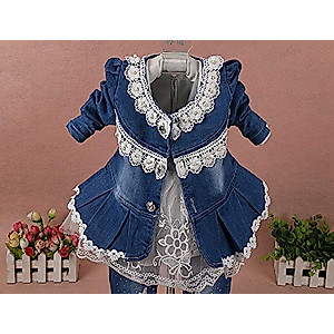 Yao 6M-4Y Infant 3Pcs Baby Girls Clothes Set Toddler Outfits Lace Dress Jacket and Jeans (6-12M,Flower-White)
