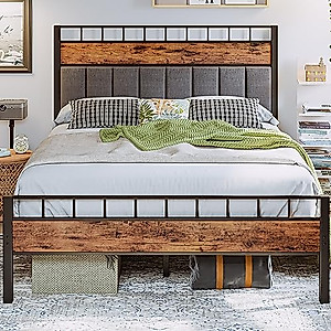 LIKIMIO Queen Bed Frame with 55 Inches upholstered high headboard, Sturdy and No Noise Platform Bed, No Box Spring Needed, Easy Assembly, Vintage Brown