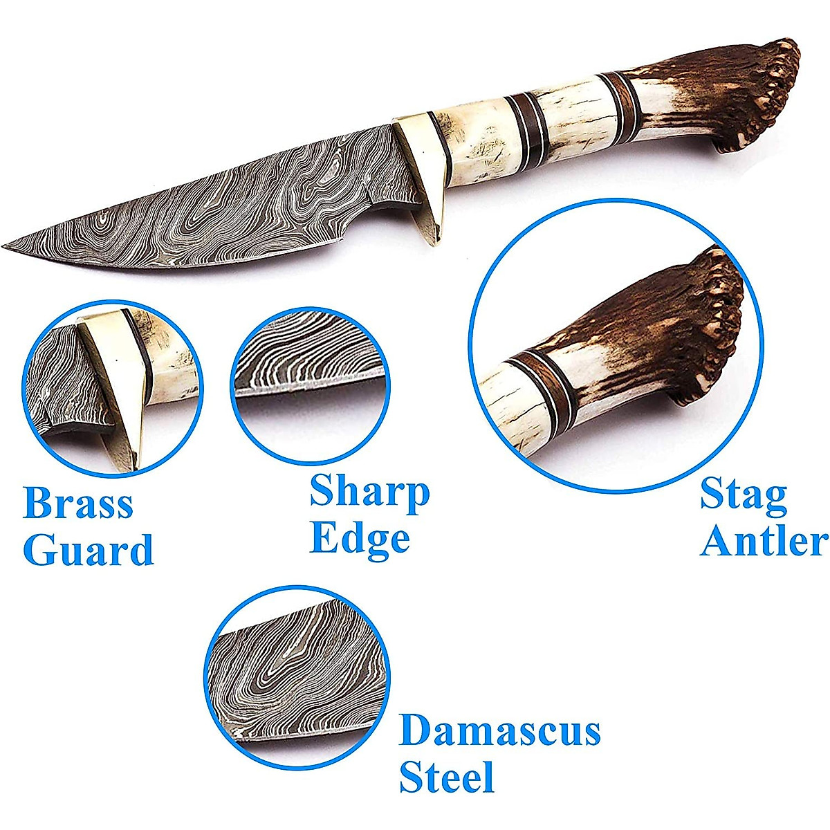 Skokie Knives Custom Hand Made Damascus Steel Hunting Knife Handle Stag Antler