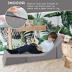 MeMoreCool Lounge Chair Foldable Floor Lounger, Toddler Couch Fold Out Couch Bed, 3-in-1 Folding Children Chair Bed, Pull Out Recliner for Toddlers 1-3, Grey