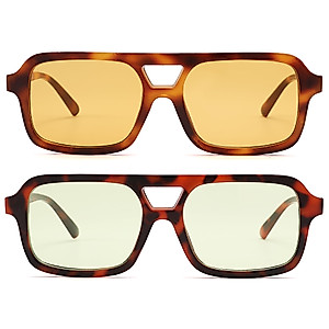 Pro Acme Retro 70s Square Aviator Sunglasses Women Men Vintage Flat Trendy Shades 2Pack(Leopard Frame Orange Lens+Leopard Frame Green Lens), 53MM