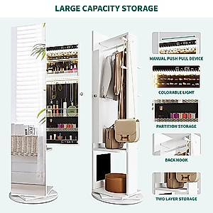 YITAHOME Jewelry Mirror Cabinet with Lights Full Length Mirror Jewelry Armoire LED Jewelry Organizer with 1 Coat Hanger, 4 Hooks, Standing Jewelry Armoires with Storage Shelves