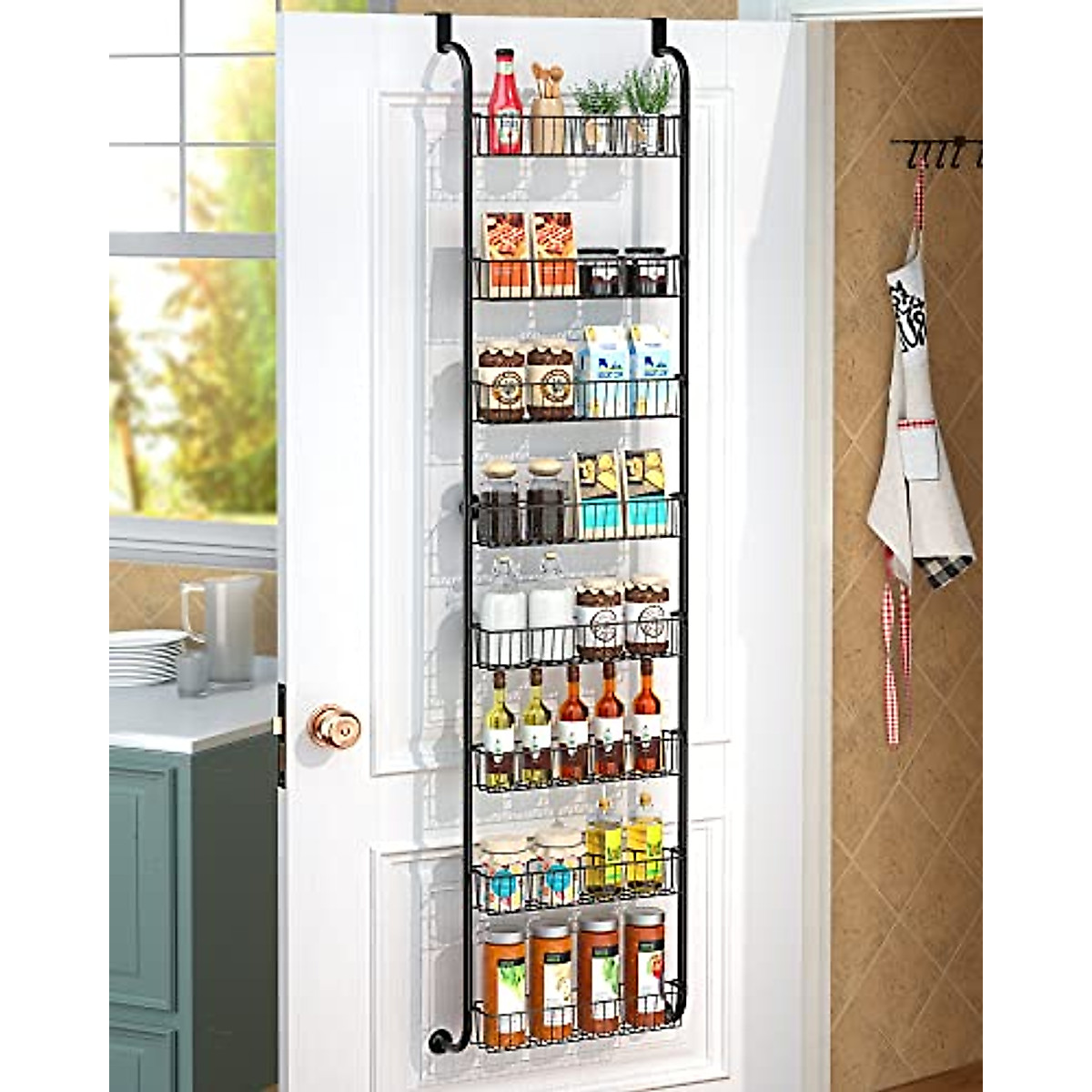 TIMEBAL 8 Tier Over the Door Pantry Organizer, Over the Door Organizer and Storage Rack with 8 Full Baskets, Metal Hanging & Wall Mounted Kitchen Storage Spice Rack, Bathroom Over Door Organizer-Black