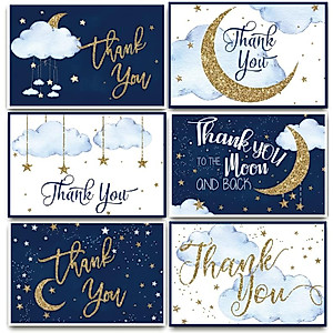 AnyDesign 36 Pack Stars Thank You Greeting Cards with Envelopes Matching Seal Stickers Blue Starry Delight Blank Note Cards Twinkle Moon Event Stationery for Baby Shower Birthday Supplies