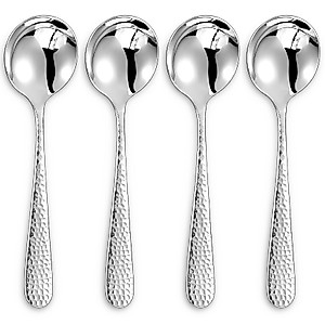 KEAWELL Premium 4-Piece Louise Hammered Spoons Set, 18/10 Stainless Steel, Set of 4, Fine Spoon Set with Round Edge, Dishwasher Safe (7" Soup Spoons)