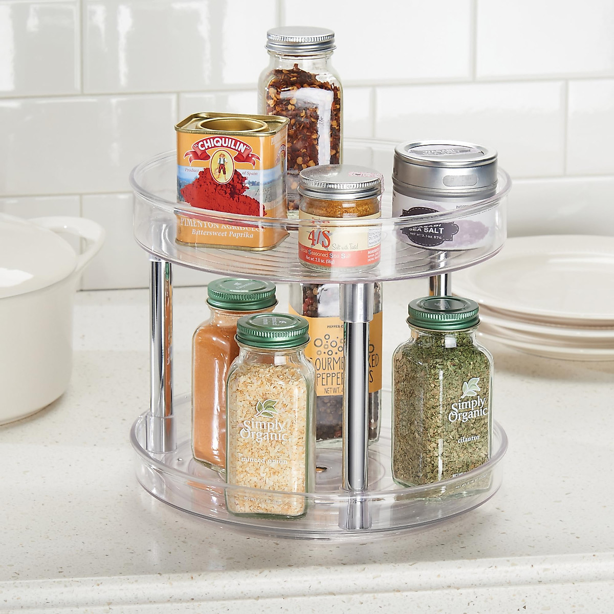 InterDesign Linus Two-Tier Lazy Susan Turntable Spice Organizer Rack for Kitchen - 9", Clear/Chrome