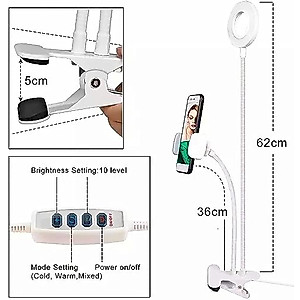 BOWER 24 Inch Clip on Desk Ring Light - Flexible Arms, 36 LED Lighting with 3 Light Modes and 10 Brightness Levels, Heavy Duty Clamp, and Built-In Phone Holder
