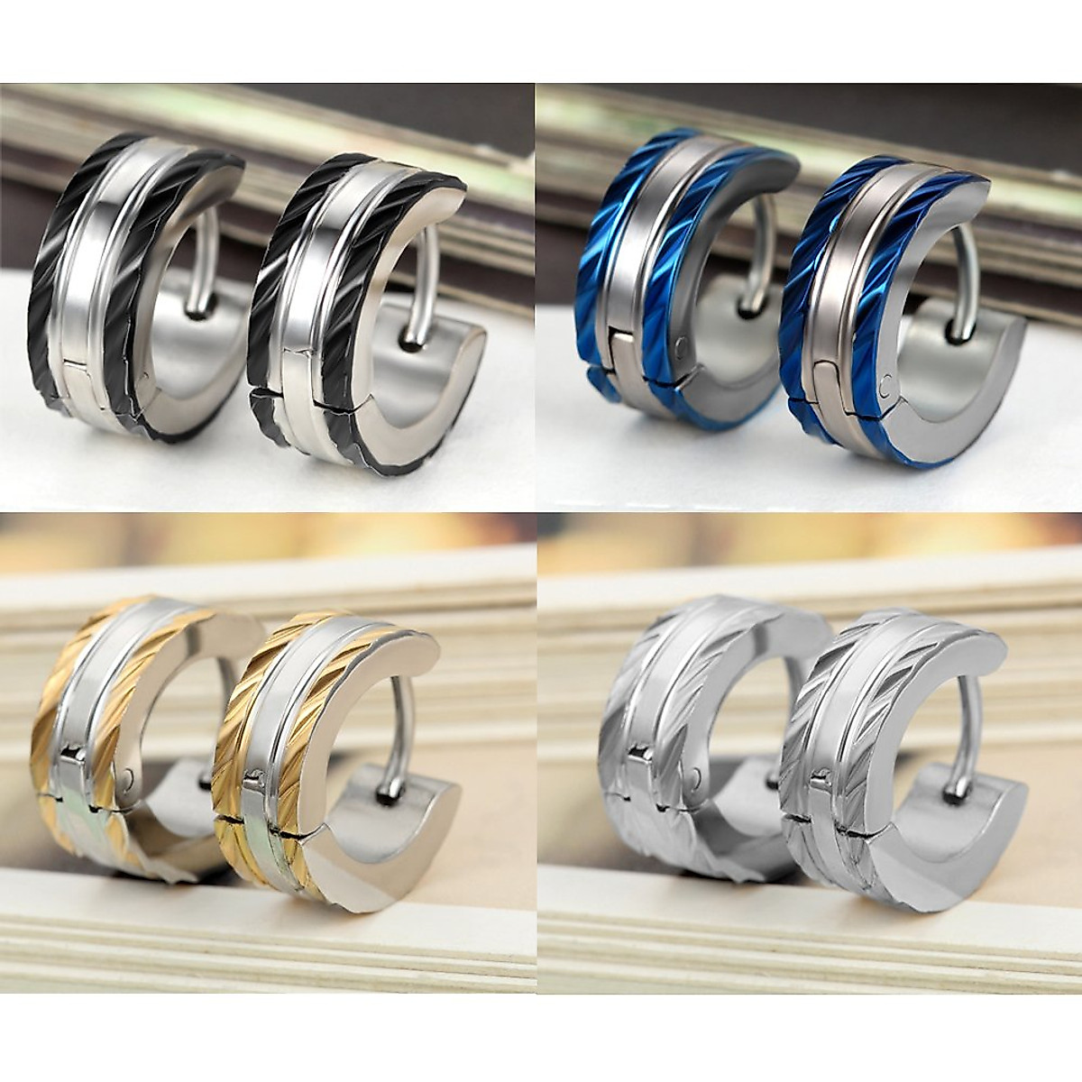 Aroncent Stainless Steel 3-8 Pairs Hoop Earrings Men Small Hoop Huggie Hinged Earrings Set for Men Women 4mm Gifts