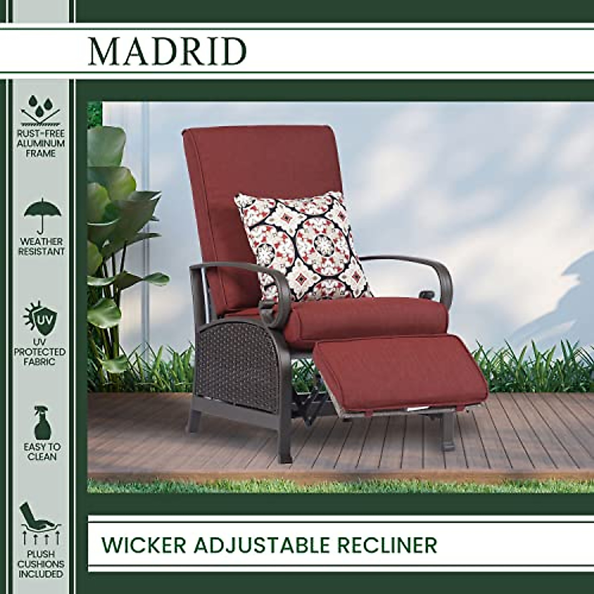Hanover Madrid Outdoor Patio Recliner, Adjustable Chair, All-Weather Hand-Woven Wicker, Aluminum Frames, Thick Cushions-MADRIDREC-NVY, 1 Piece, Red