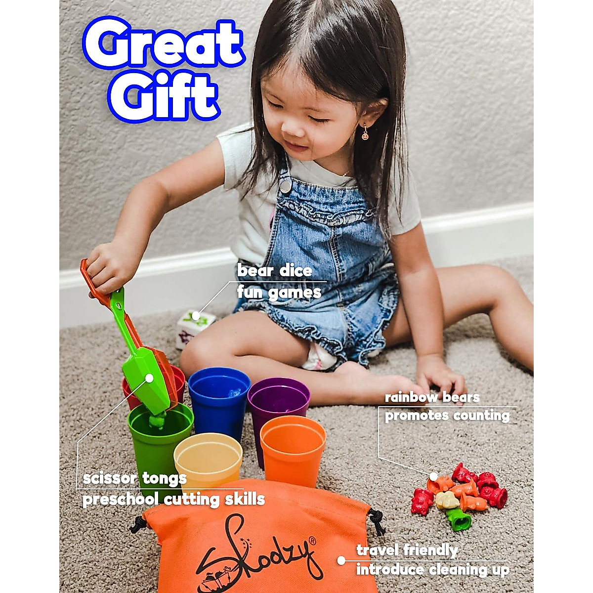 Skoolzy Stacking Toddler Peg Board 38 Piece Set and Rainbow Sorting Bears with Matching Cups 69 Piece Set Montessori Occupational Therapy Toddler Toys Kit with Storage Bags and eBook