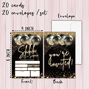 KFNER Shhh It's a Surprise Birthday Invitations, Black Gold Balloon Birthday Party Invitation Card, Surprise Birthday Party Favors & Celebration Supplies(20 Set of Invitations with Envelopes)-B28