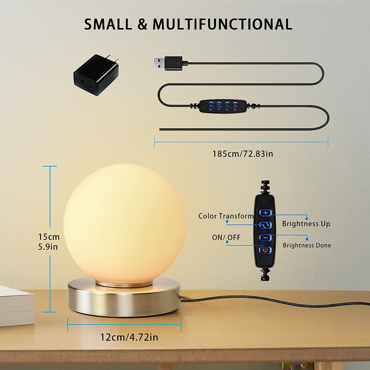 Small Table Lamp, LED Table Lamp with Eye-Caring Glass Lampshade Desk Lamp Dimmable 3 Color Changing, 10 Brightness Levels Reading Table Lamp Warm & White Nightstand Lamp with Memory Function