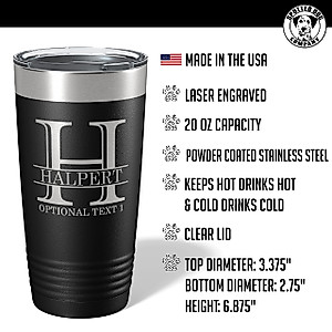 Personalized 20oz (17 Colors) Powder Coated Insulated Stainless Steel Tumbler with Lid, Custom Etched, Customized Engraved Gift Idea for Women Men Her Him, Halpert Monogram Initial Name (Black)