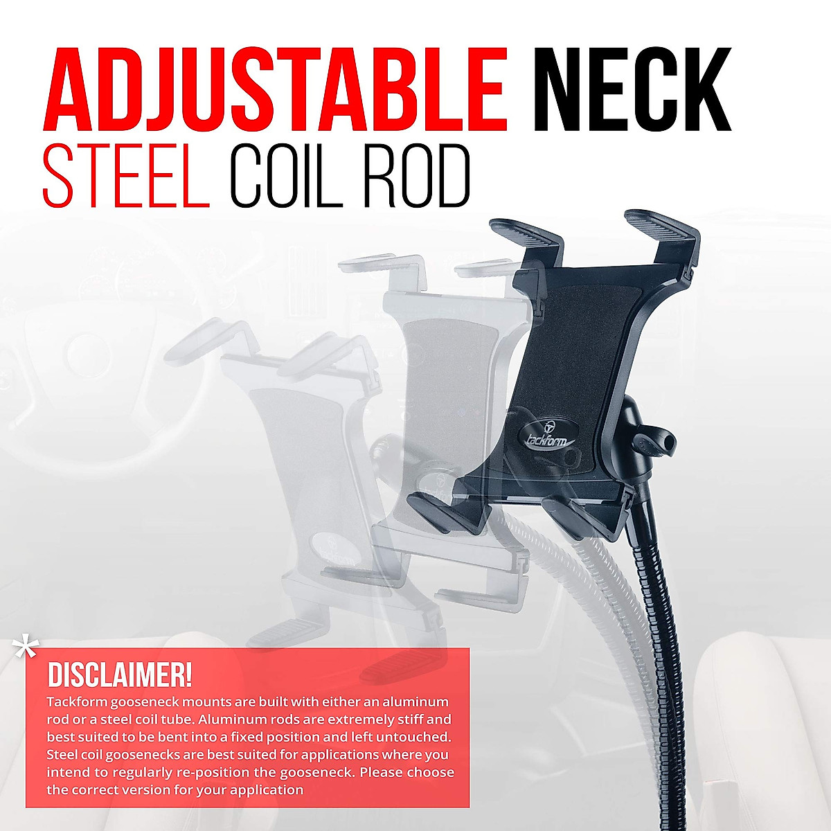 Tackform Gooseneck Tablet Mount for Car and Truck Industrial 28 Inch Steel Coil Gooseneck Seat Rail Device Holder for Taxi, Van, Vehicle. Compatible with iPad, Galaxy, Surface Pro