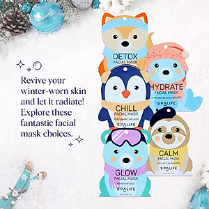 SpaLife Snow Buddies Facial Mask 10 Pack - Hydrating Character Sheet Masks for Women, Moisturizing Skincare Variety Set for Glowing Skin - Korean Facial Mask Spa Treatment with Natural Ingredients