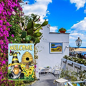 BUYITO Welcome to Our Bee Garden Flag, Gnome Spring Summer Farmhouse Fall Yard Outdoor Daisy Decoration Vertical Double Sided Garden Banner Floral Hive Farmhouse Burlap Outdoor Welcome Flag 12 x 18 Inch