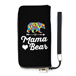 Mama Bear Autism Awareness PU Leather Vertical Wallet Zipper Long Clutch Purse Fashion Handbag with Wristlet Strap for Women