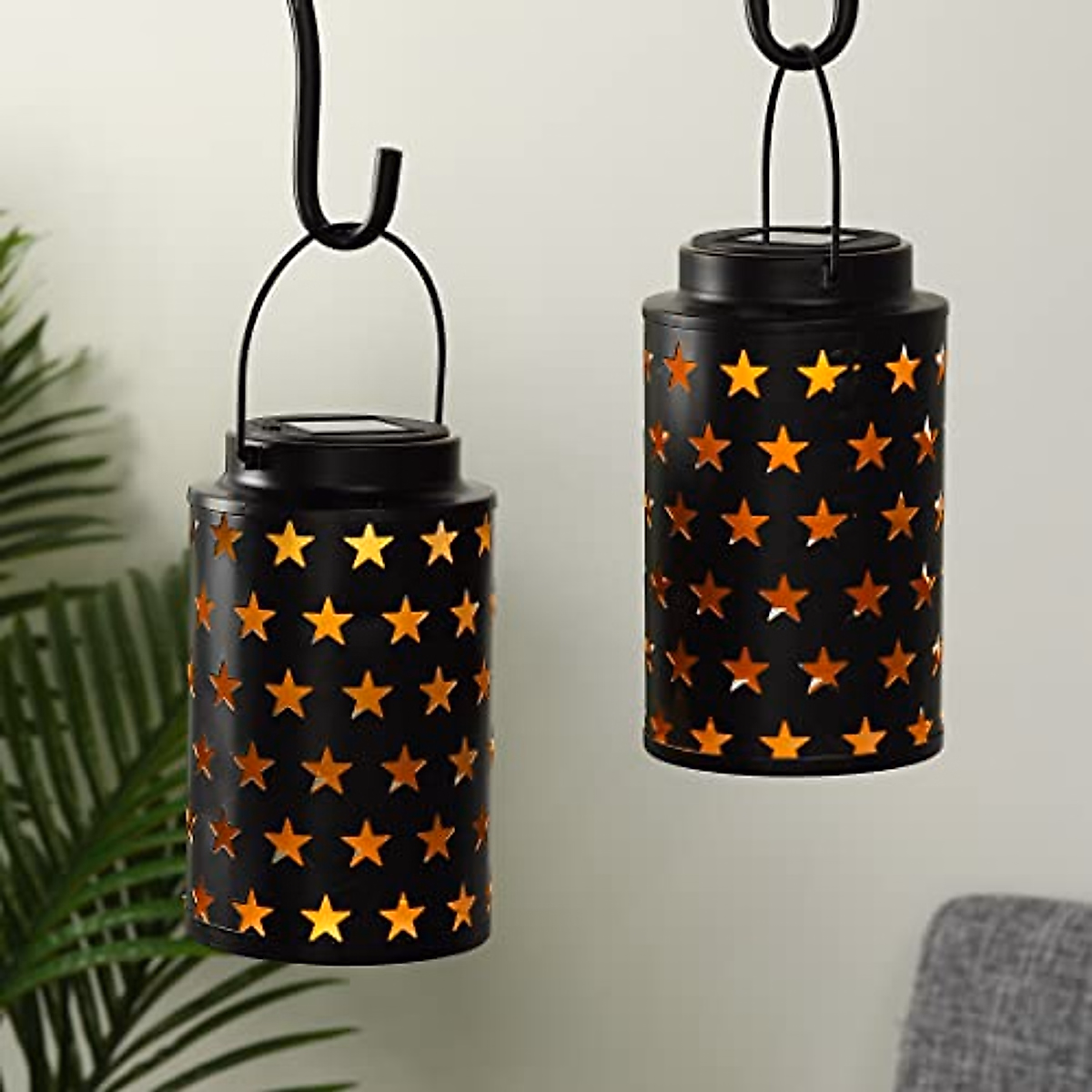 JHY DESIGN 2 Pack Solar Lantern Lights Outdoor Solar Powered Table Lamp Lights Hanging Garden Lamp Metal Lantern with Handle for Patio Garden Outdoor Walkway Yard Landscape Park Lawn(Hollow Stars)