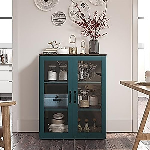 Vrullu Storage Cabinet, Teal Free Standing Buffet Cabinet, Accent Kitchen Cabinet with Tempered Glass Doors, Wood Display Cabinet with Adjustable Shelf for Living Room, Dining Room, Hallway (1, Green)