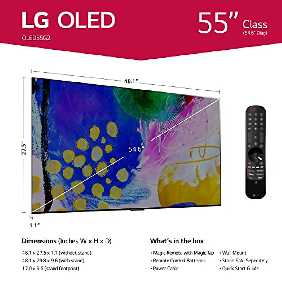 LG 55-Inch Class OLED evo Gallery Edition G2 Series Alexa Built-in 4K Smart TV, 120Hz Refresh Rate, AI-Powered 4K, Dolby Vision IQ and Dolby Atmos, WiSA Ready, Cloud Gaming (OLED55G2PUA, 2022)