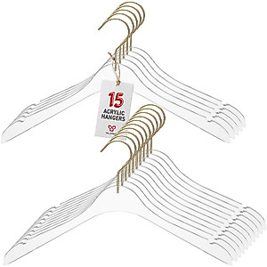 YG Living Clear Acrylic Hangers with Gold Hooks - 15 Pack - Hangers for Shirts - Clothing Hangers for Closet or Dorm - Heavy Duty Hangers to Hang Coats, Suits, Jackets - Coat Hanger with Notches