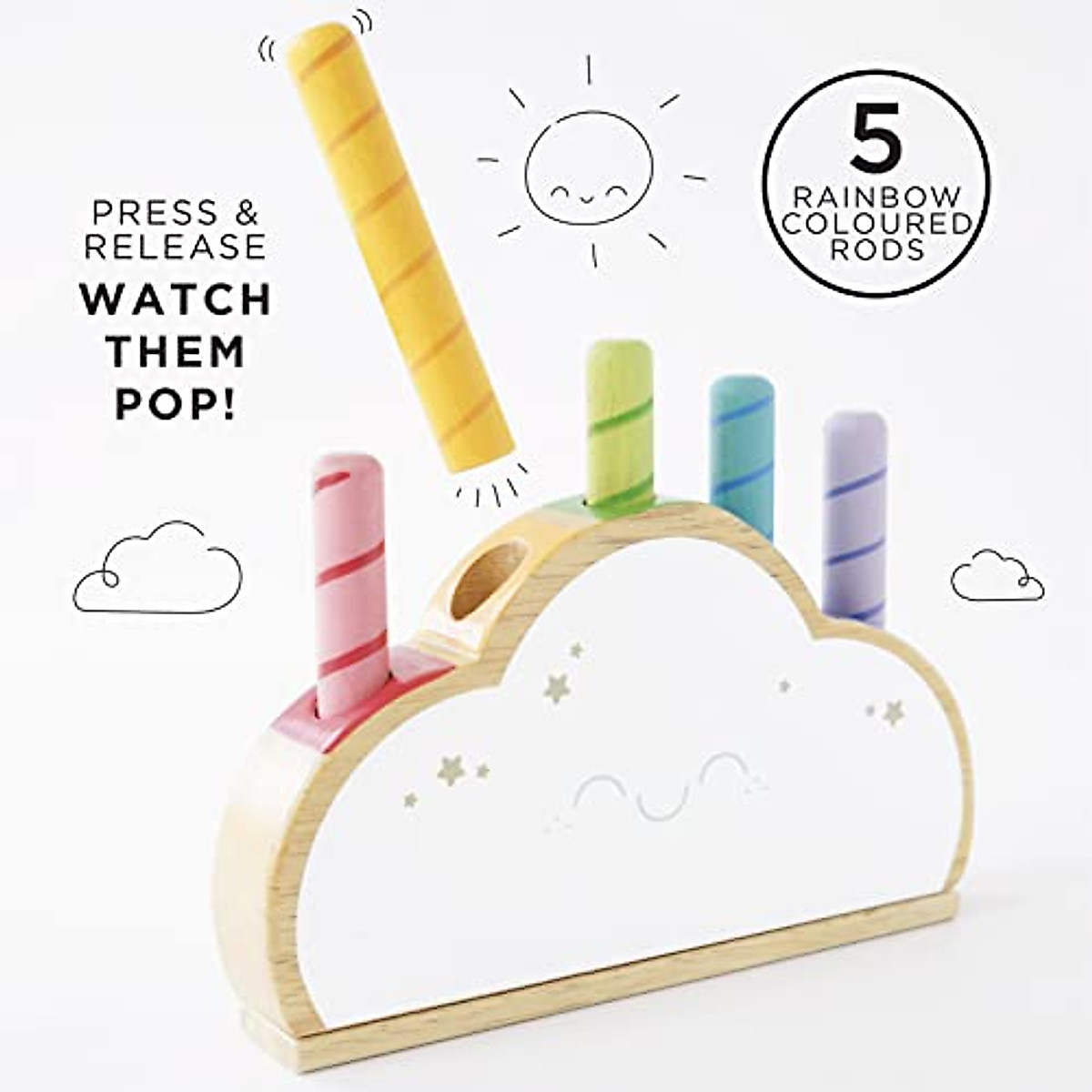 Le Toy Van - Wooden Baby Sensory Petilou Rainbow Cloud Pop Press and Release Toy | Educational Baby Sensory Montessori Toddler Learning Toy - Suitable for 18+ Months