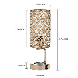 Neoglint Crystal Table Lamp - Gold Bedside Lamps with USB Port & Wireless Charger, Modern 3 Way Dimmable Nightstand Touch Lamps for Bedrooms Living Room(6W Bulb Included)