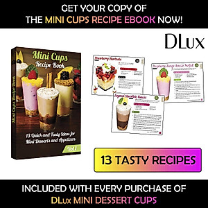 DLux 50 x 3 oz Mini Dessert Cups with Spoons and lids, Square Tall - Clear Plastic Parfait Appetizer Cup - Small Reusable Serving Bowl for Party Desserts Appetizers - With Recipe Ebook